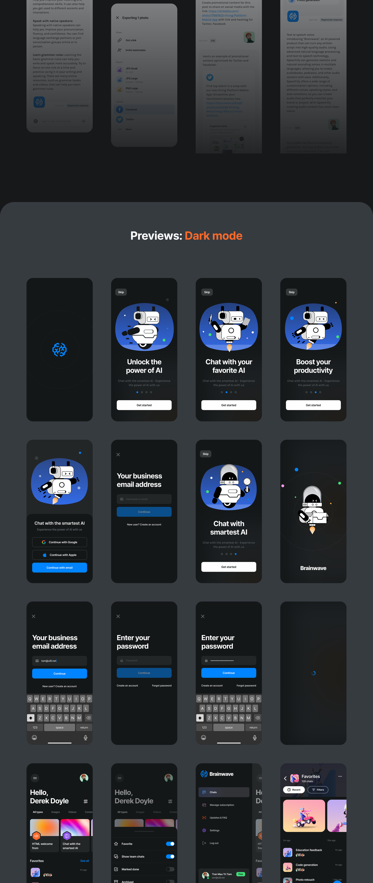 A01 双配色Ai人工智能ChatGPT聊天机器人社交App应用ui界面设计Fig设计套件Brainwave – AI iOS UI Kit _ 果觅网（gooodme）